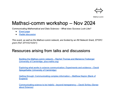 Mathsci-comm workshop, Nov 2024: Resources arising from talks and discussions | Mathsci-comm Network